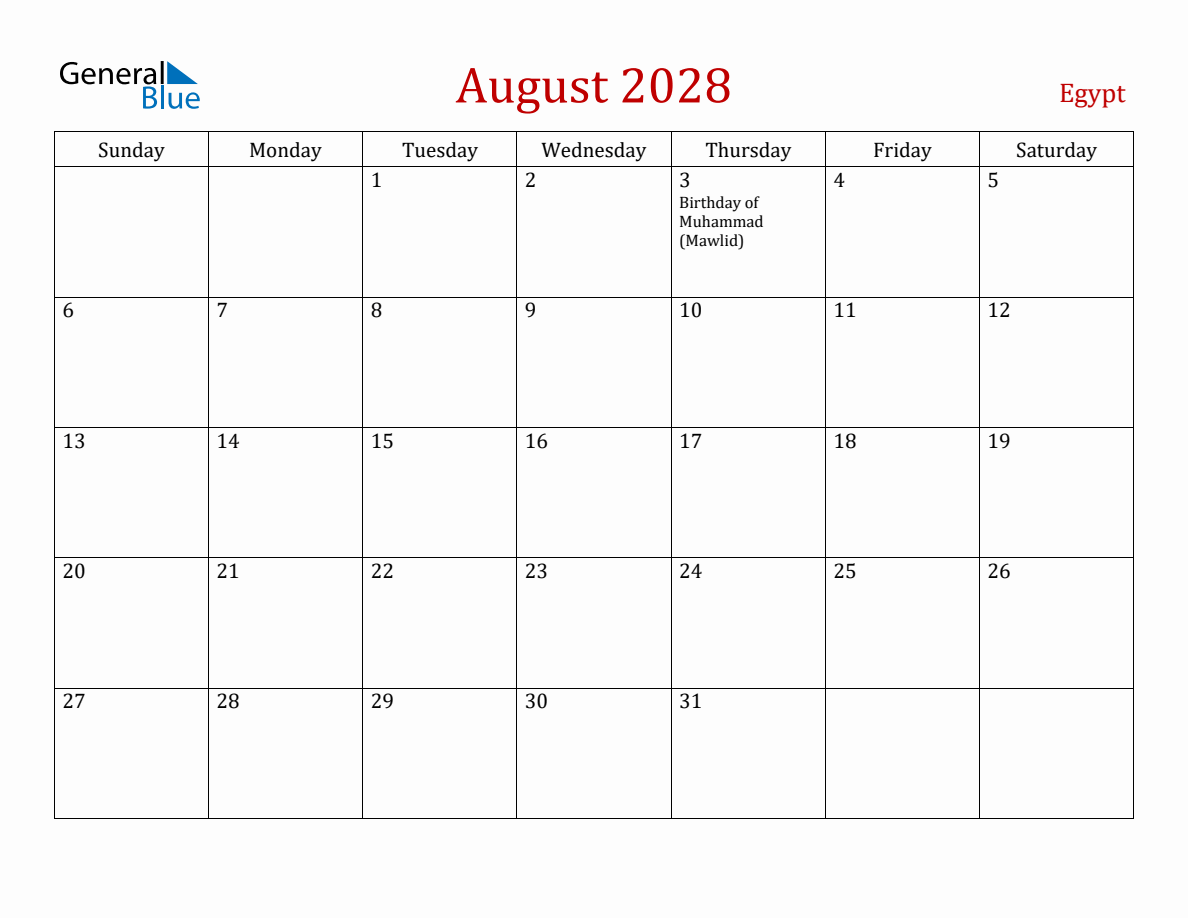 August 2028 Egypt Monthly Calendar with Holidays
