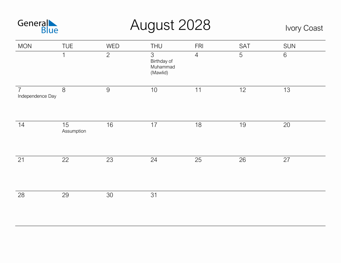 Printable August 2028 Monthly Calendar with Holidays for Ivory Coast ...