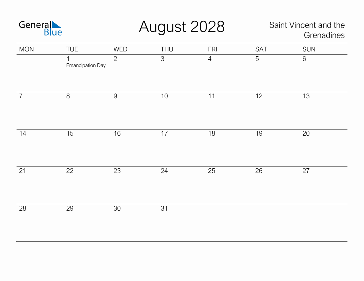 Printable August 2028 Monthly Calendar with Holidays for Saint Vincent ...