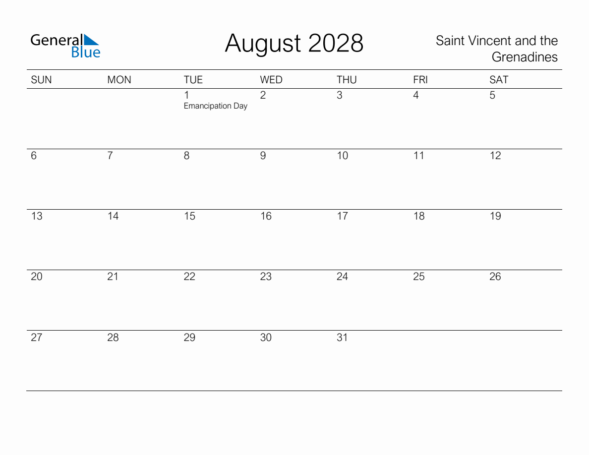 Printable August 2028 Monthly Calendar with Holidays for Saint Vincent ...