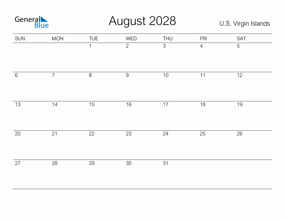 Printable August 2028 Monthly Calendar with Holidays for U.S. Virgin ...