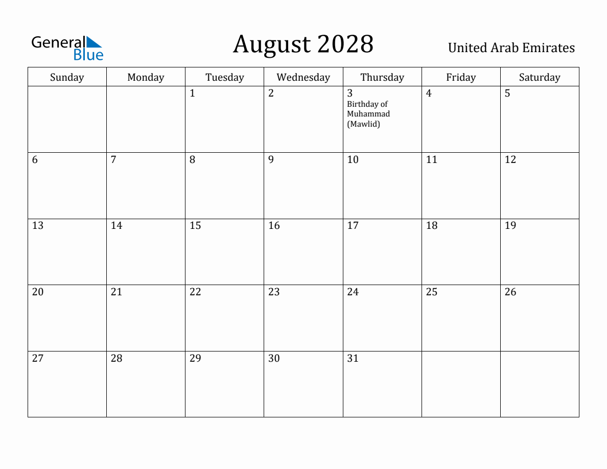 August 2028 Monthly Calendar with United Arab Emirates Holidays