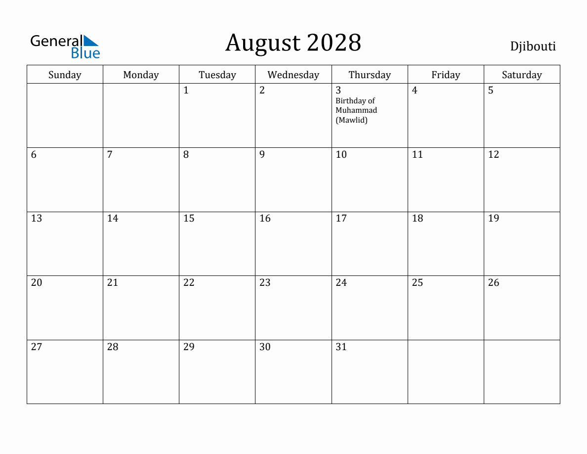 August 2028 Monthly Calendar with Djibouti Holidays