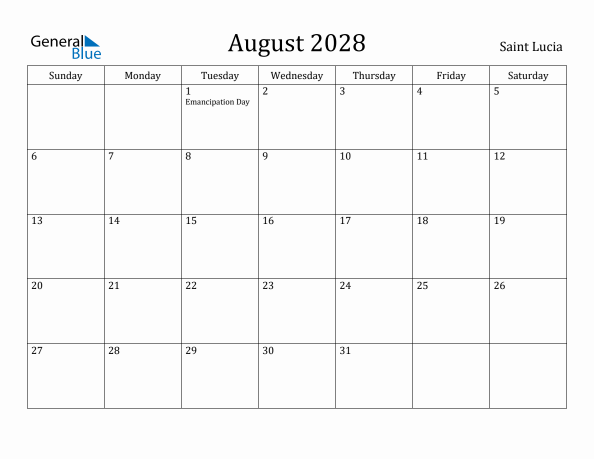August 2028 Monthly Calendar with Saint Lucia Holidays