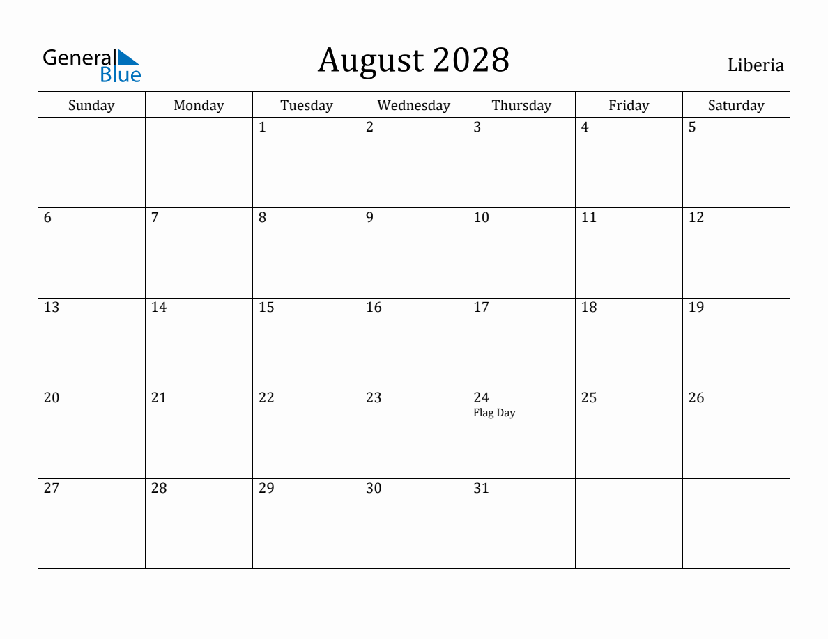 August 2028 Monthly Calendar with Liberia Holidays