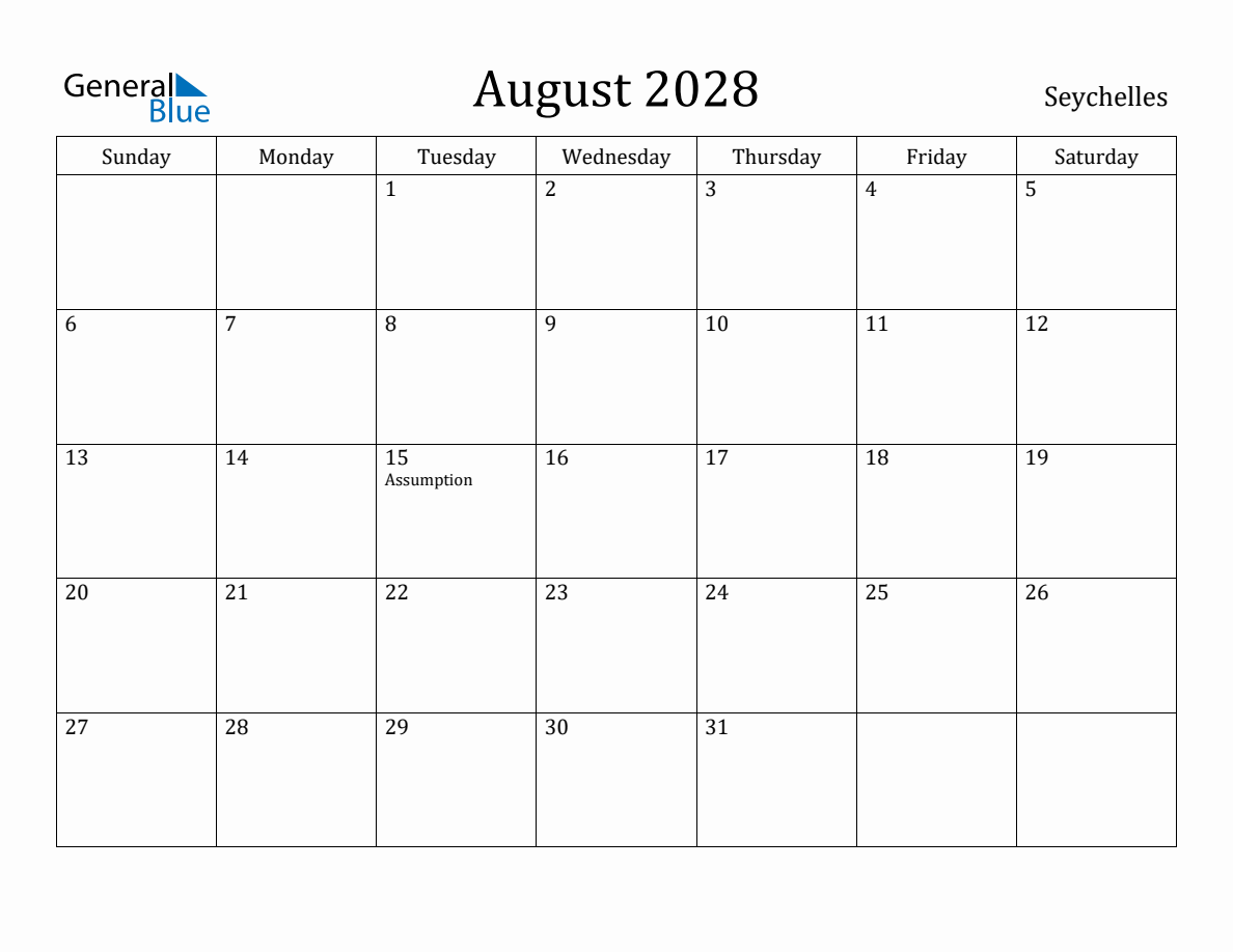 August 2028 Monthly Calendar with Seychelles Holidays