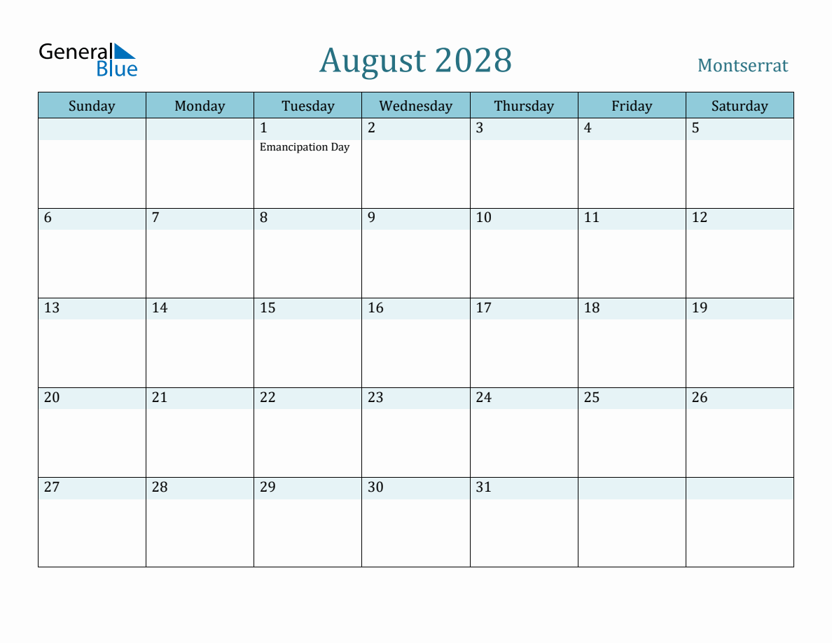 Montserrat Holiday Calendar for August 2028