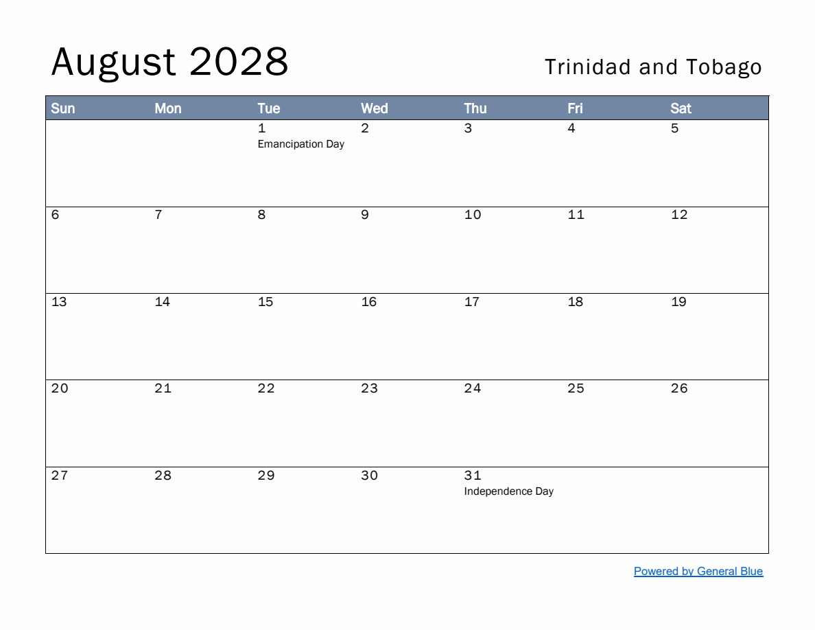 Free Monthly Calendar Template for August 2028 with Trinidad and Tobago ...