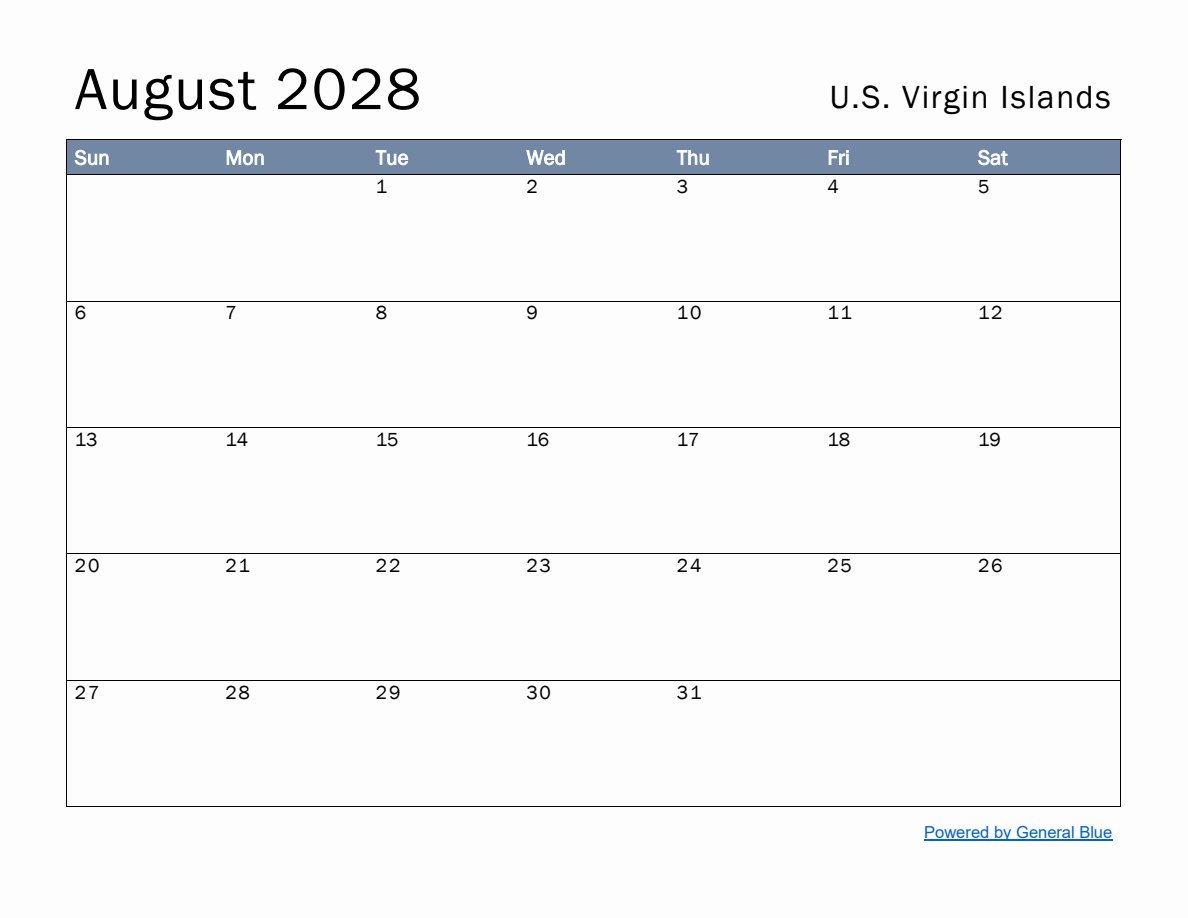 Free Monthly Calendar Template for August 2028 with U.S. Virgin Islands ...