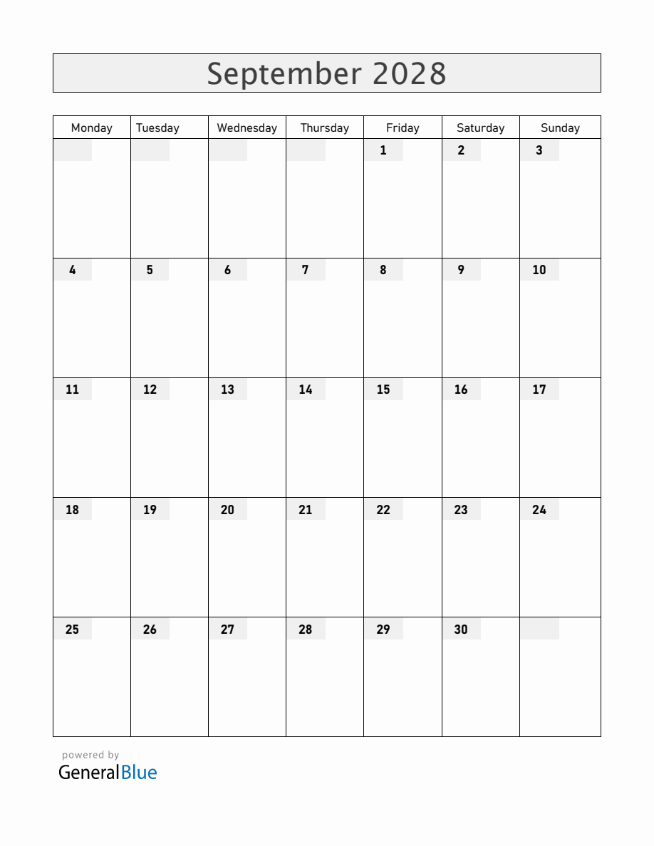 Blank September 2028 Calendar - Monday Start