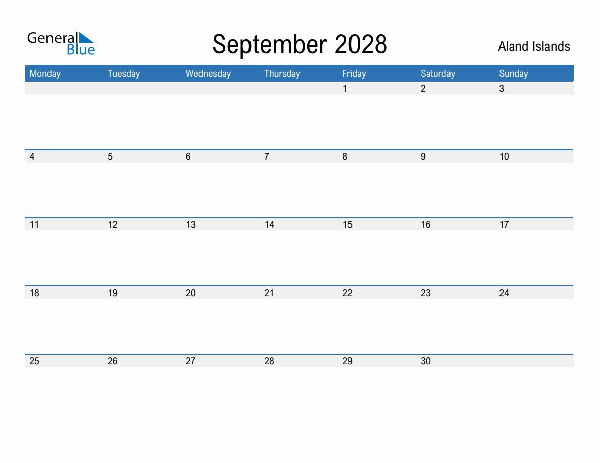Editable September 2028 Calendar with Aland Islands Holidays (Monday Start)