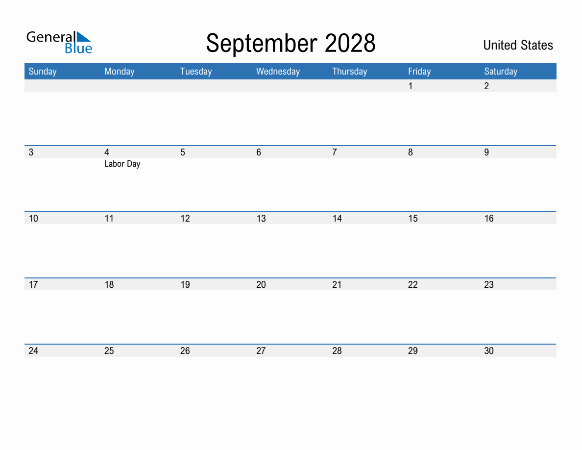 September 2028 Monthly Calendars with United States Holidays