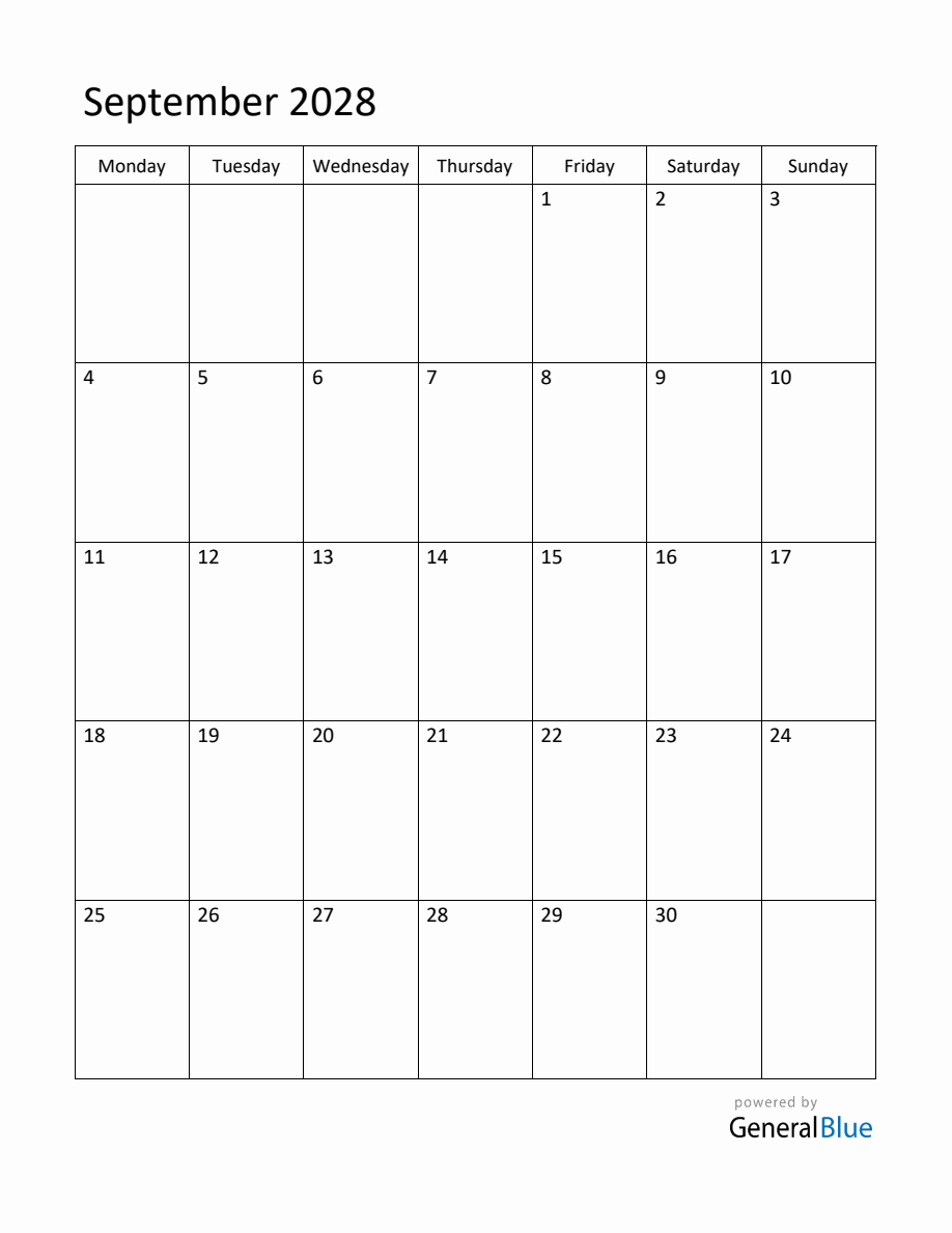 Editable September 2028 Monthly Calendar - Monday Start