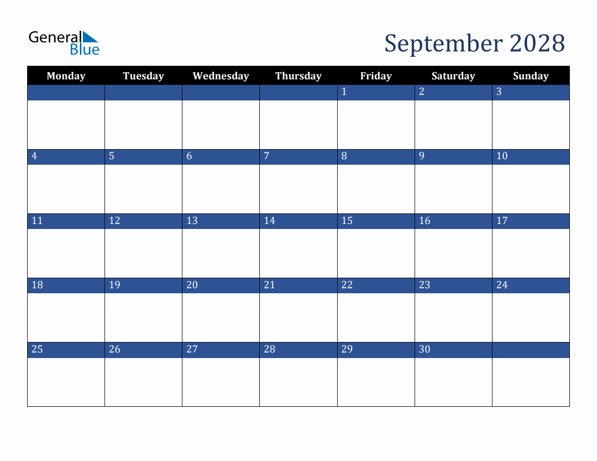September 2028 Downloadable Calendar - Monday Start
