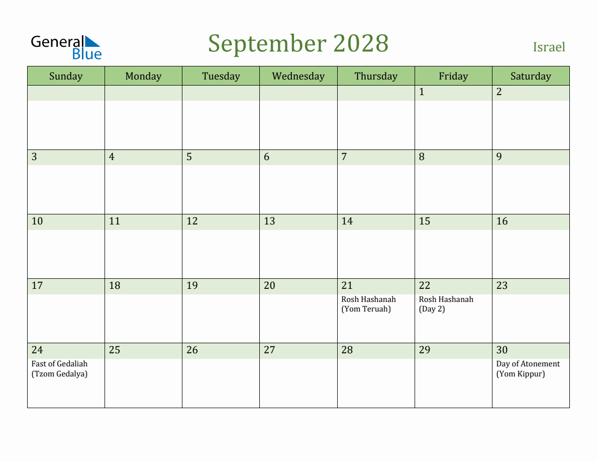 Fillable Holiday Calendar for Israel - September 2028