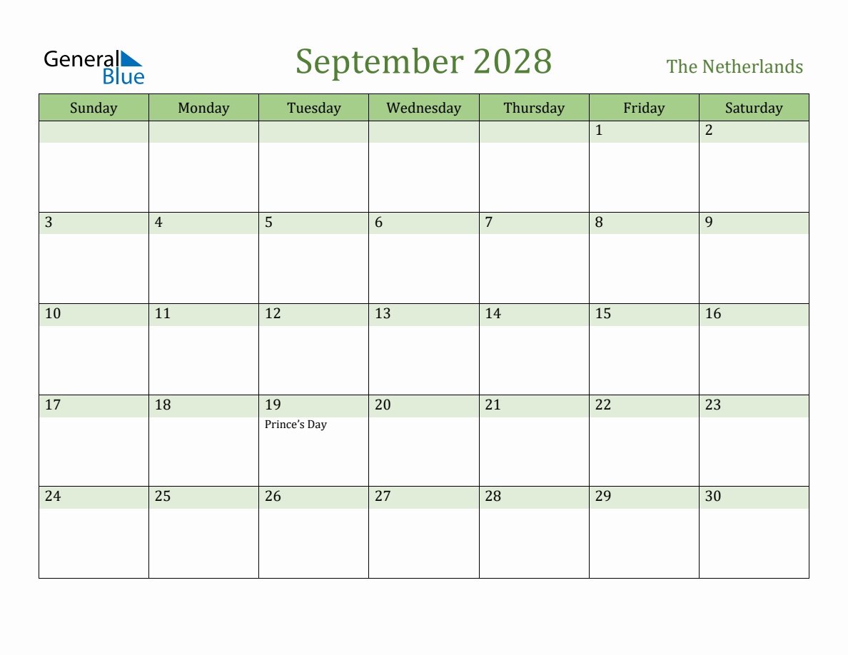 Fillable Holiday Calendar for The Netherlands - September 2028