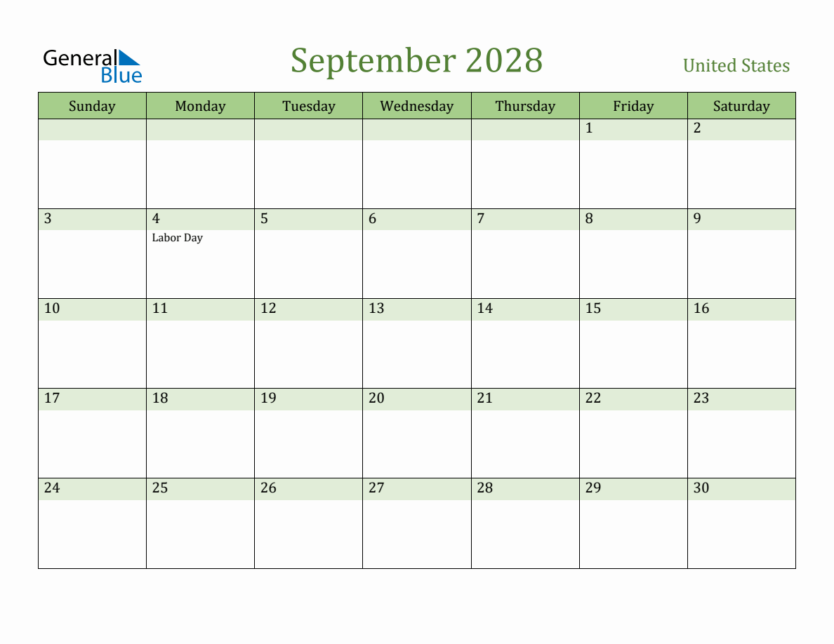 Fillable Holiday Calendar for United States - September 2028