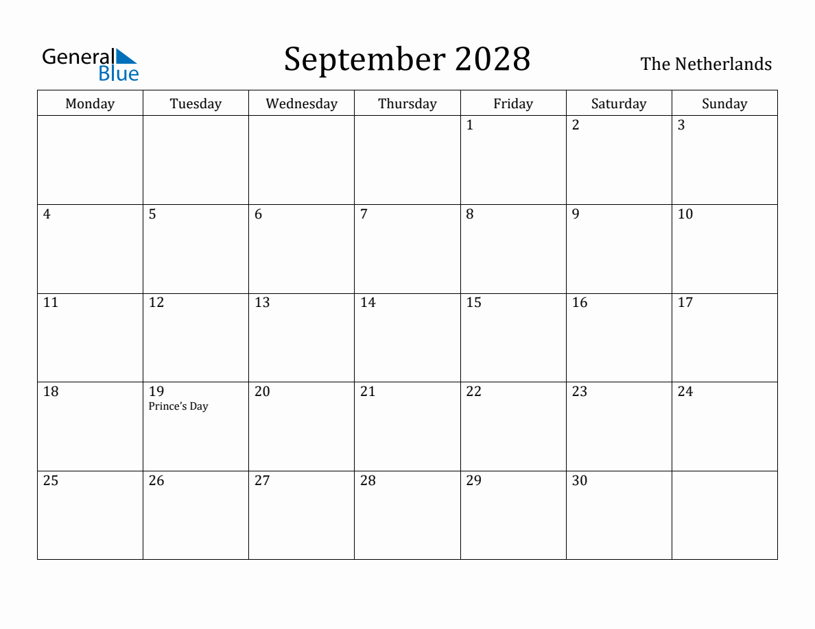 September 2028 - The Netherlands Monthly Calendar with Holidays