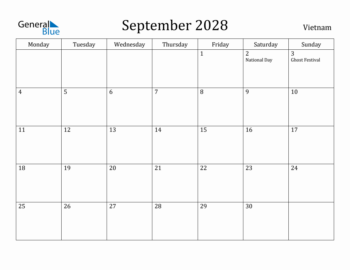 September 2028 Monthly Calendar with Vietnam Holidays