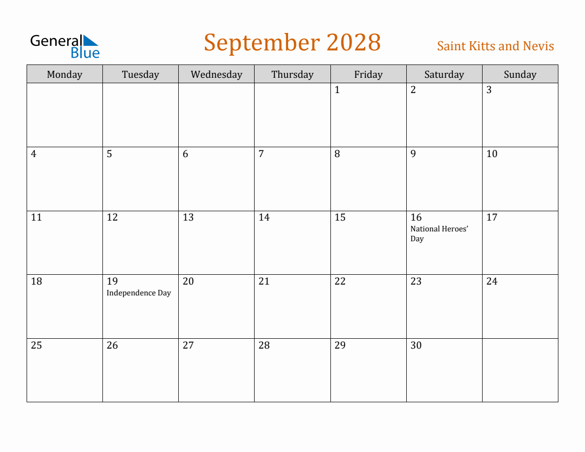 Free September 2028 Saint Kitts and Nevis Calendar (Monday Start)