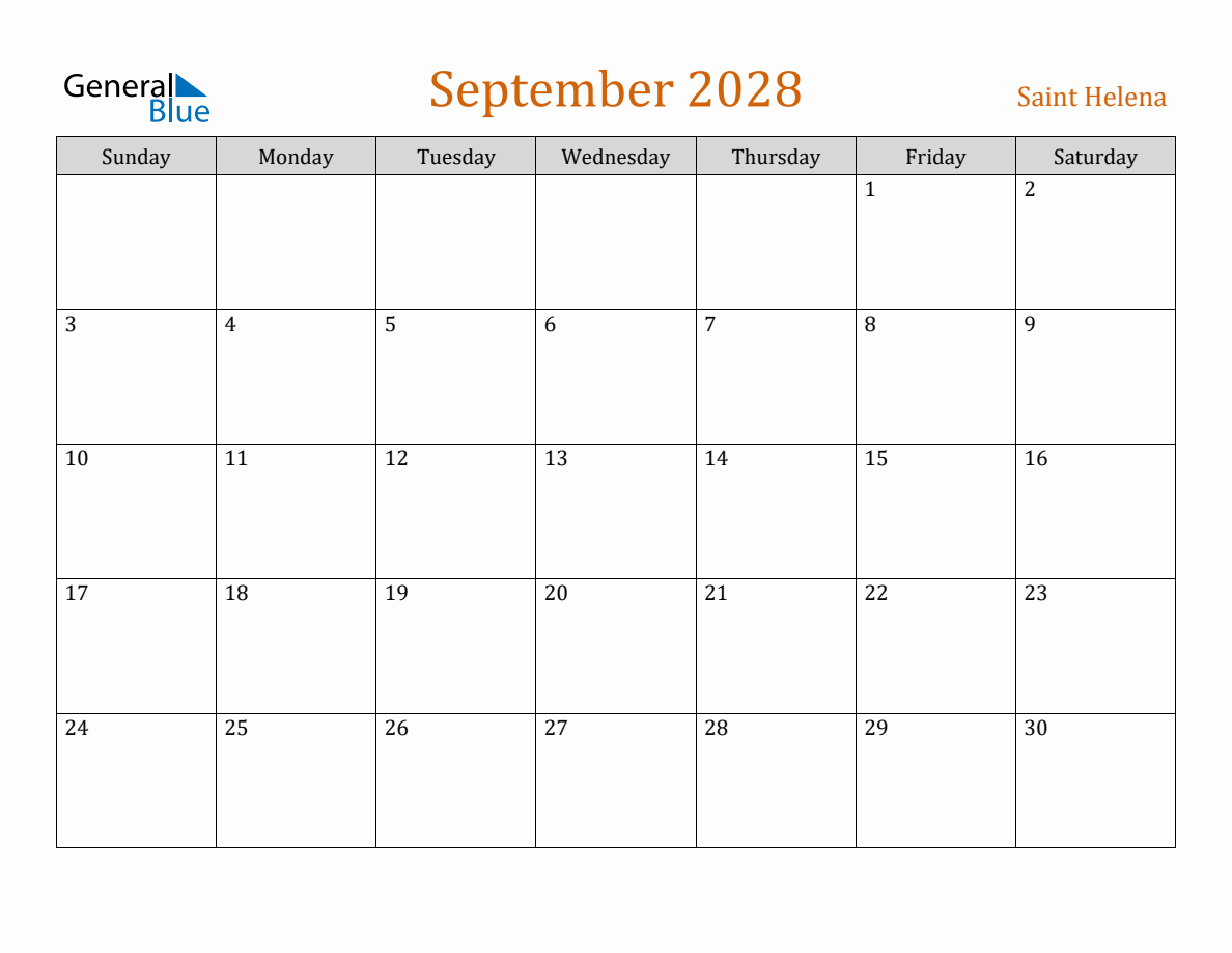 Free September 2028 Saint Helena Calendar