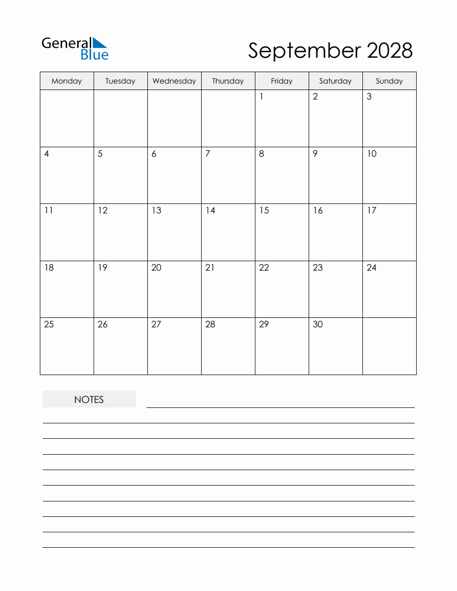 September 2028 Monthly Planner Calendar - Monday Start