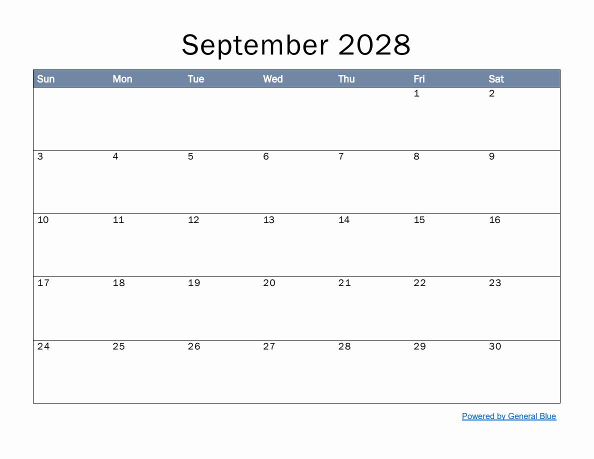 Monthly Calendar Template for September 2028