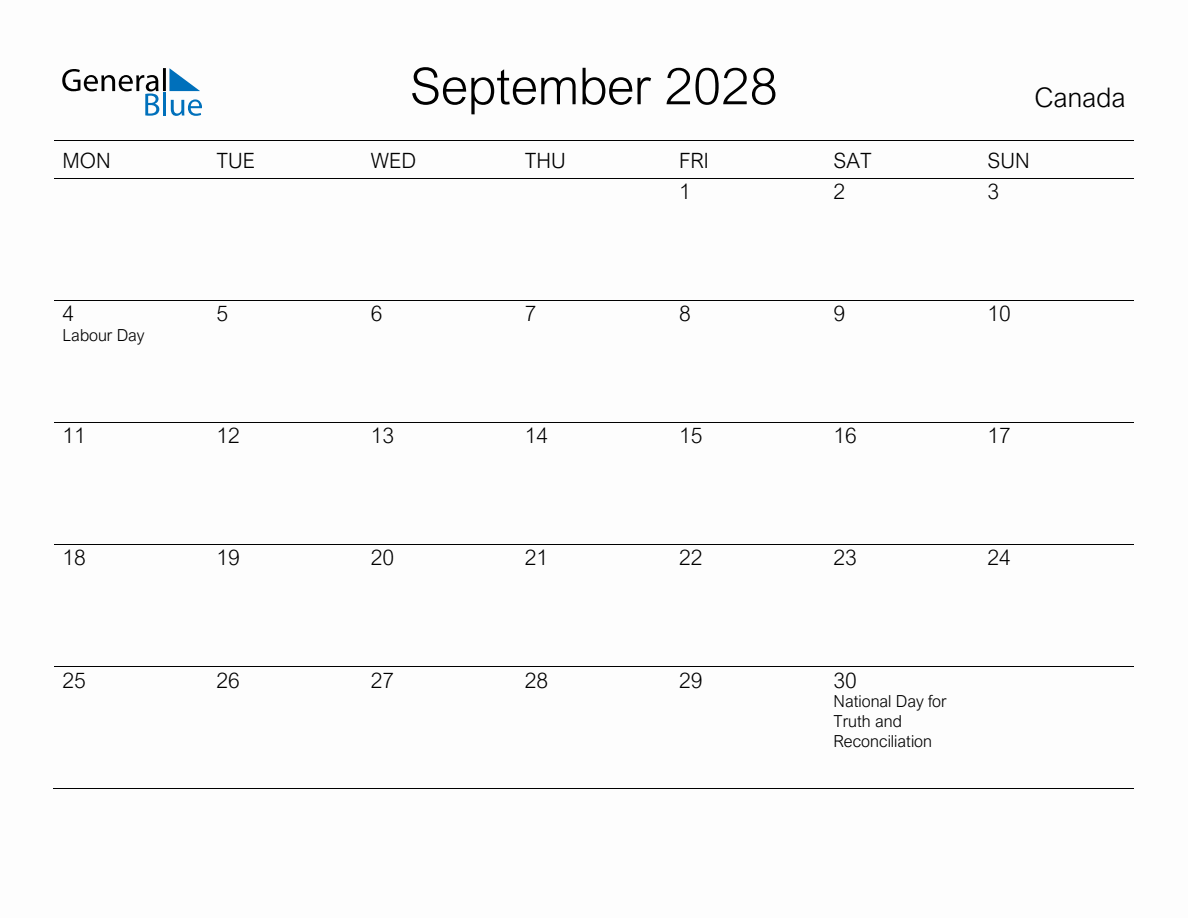 Printable September 2028 Monthly Calendar with Holidays for Canada