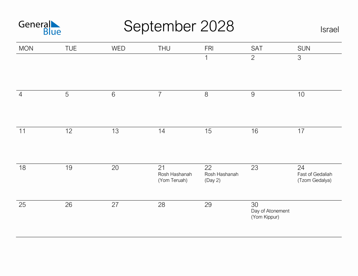 Printable September 2028 Monthly Calendar with Holidays for Israel ...