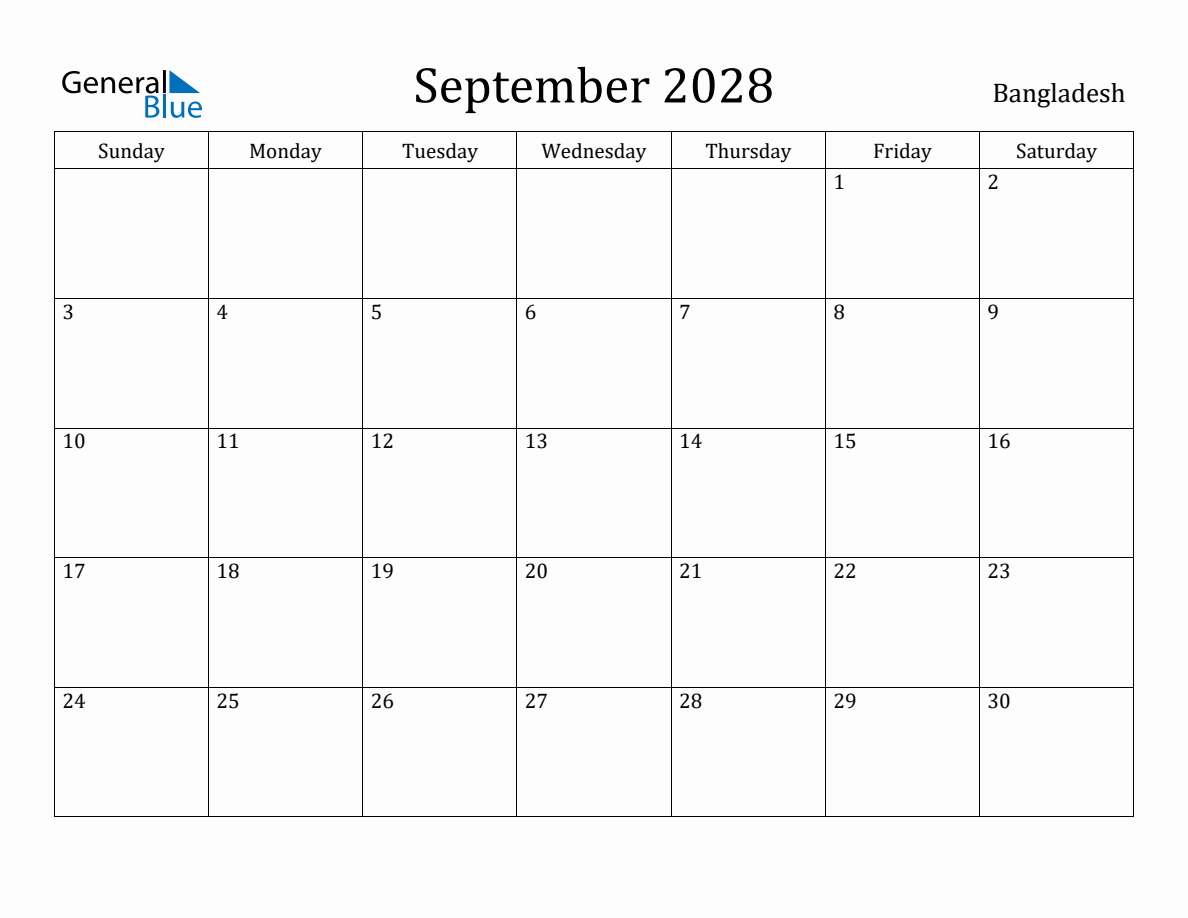 September 2028 Monthly Calendar with Bangladesh Holidays