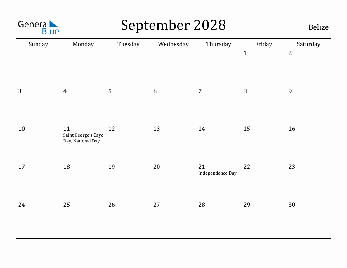 September 2028 Monthly Calendar with Belize Holidays