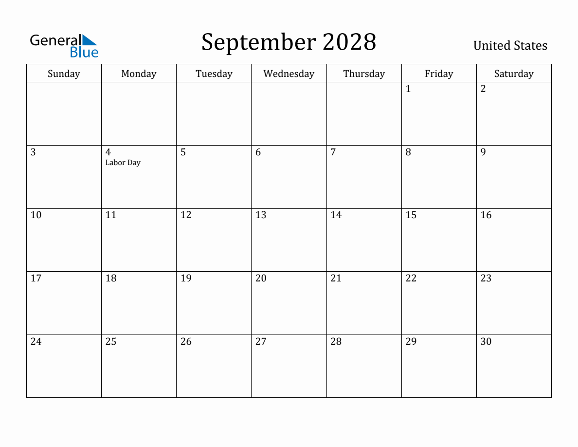 September 2028 Monthly Calendar with United States Holidays