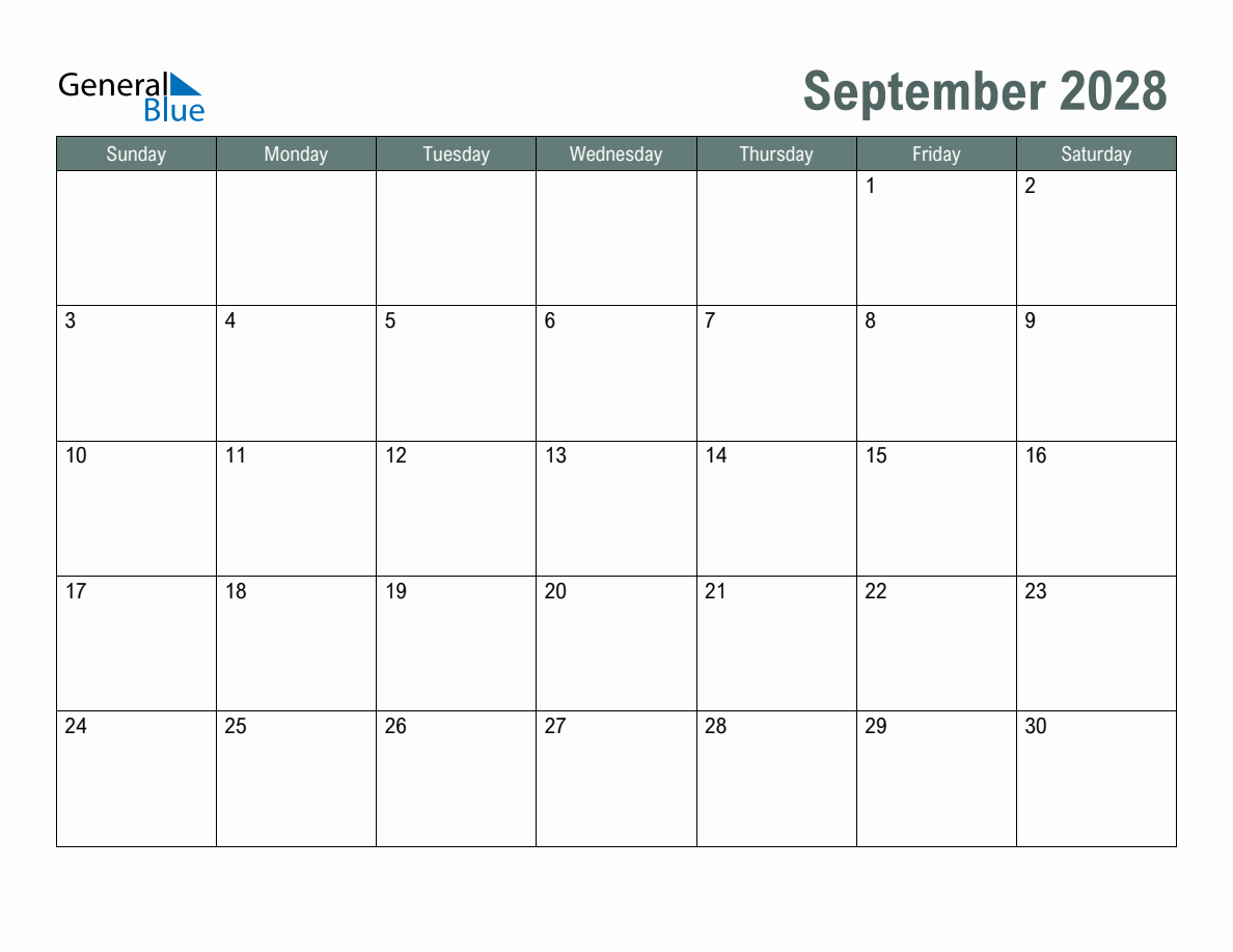 Blank September 2028 Monthly Calendar Template