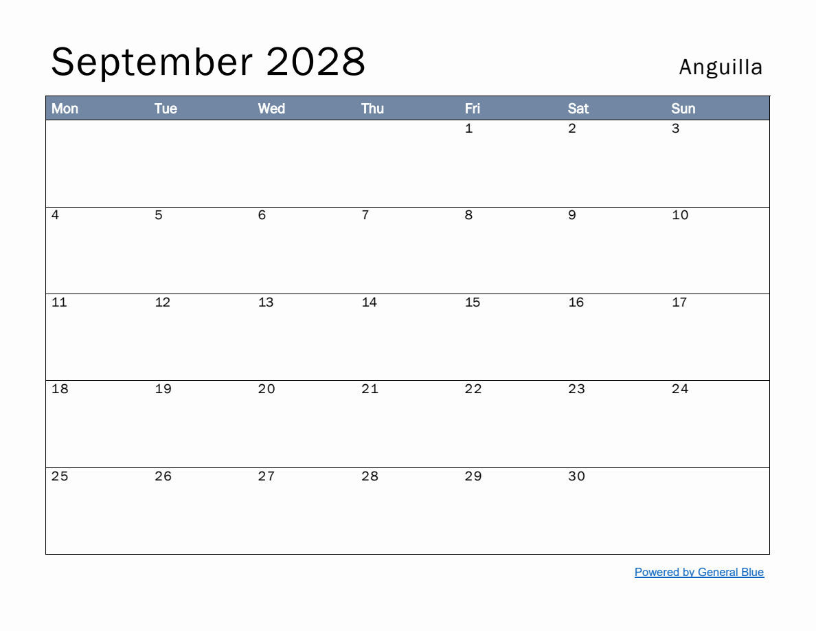 Free Monthly Calendar Template for September 2028 with Anguilla ...