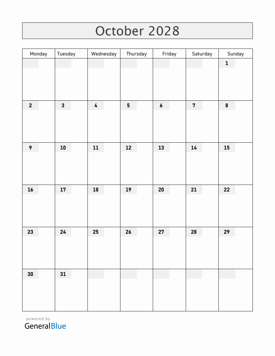 Blank October 2028 Calendar - Monday Start