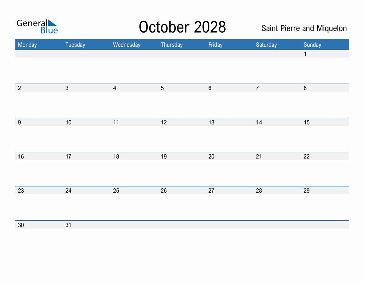 Editable October 2028 Calendar with Saint Pierre and Miquelon Holidays ...
