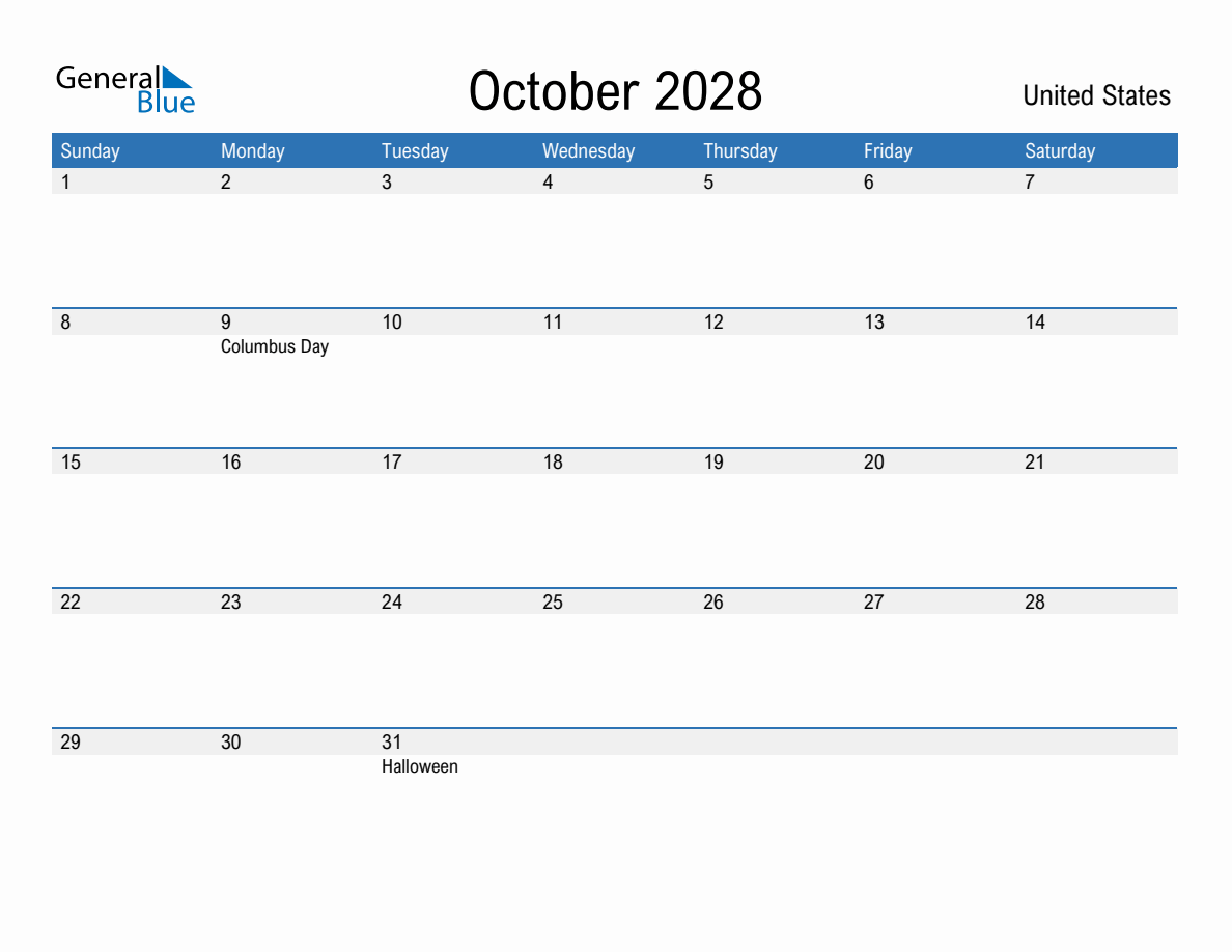 October 2028 Monthly Calendars with United States Holidays