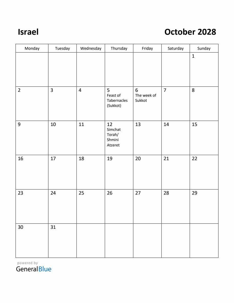 Free Printable October 2028 Calendar for Israel (Monday Start)