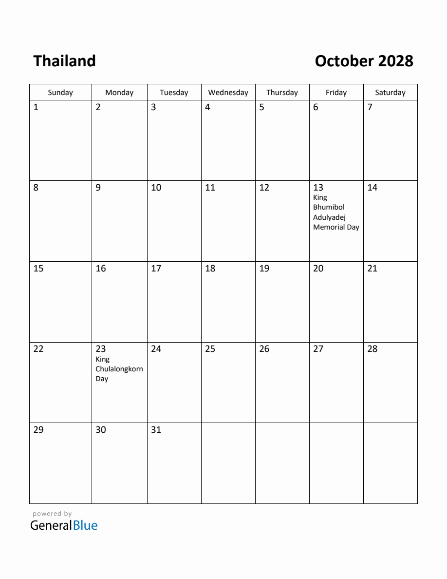 Free Printable October 2028 Calendar for Thailand