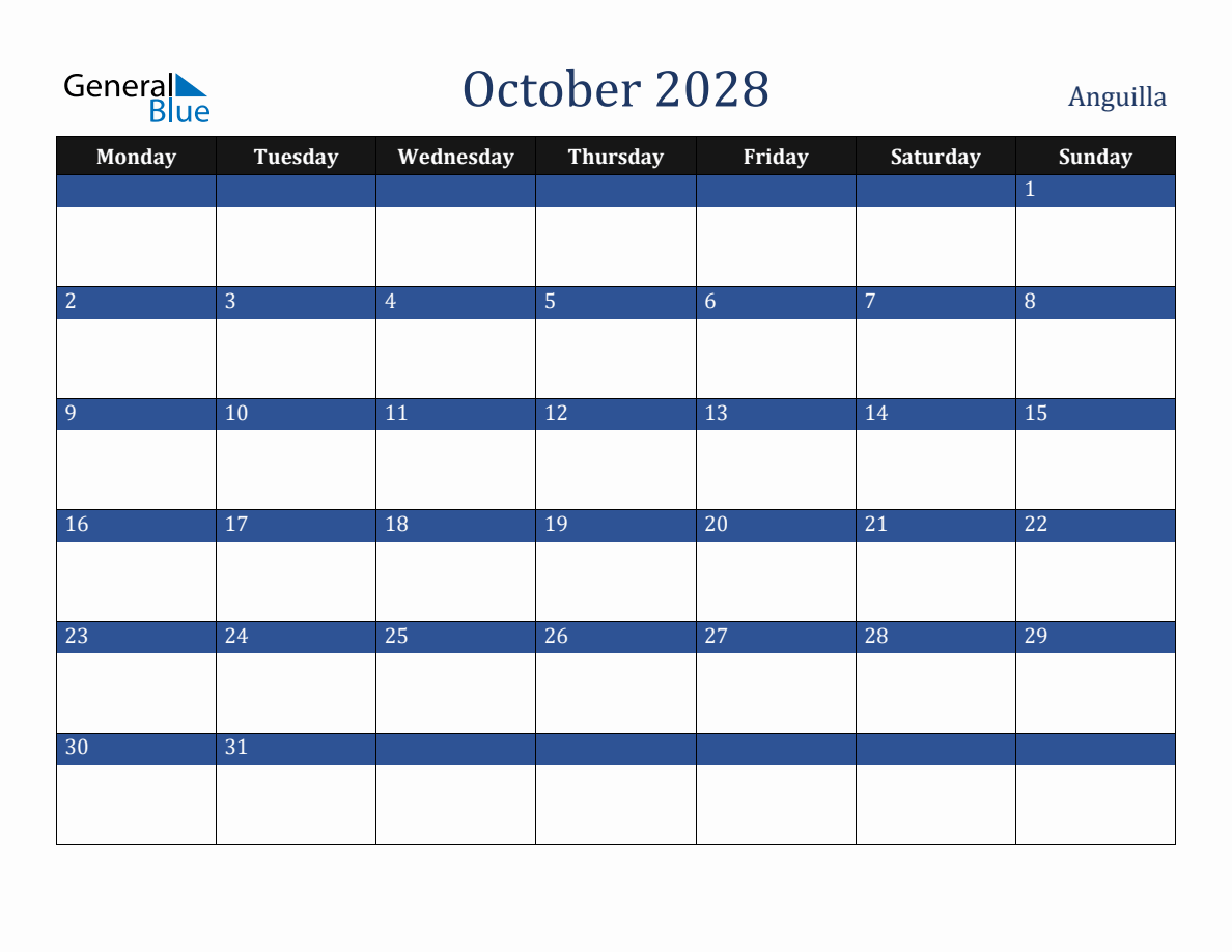 October 2028 Anguilla Holiday Calendar (Monday Start)
