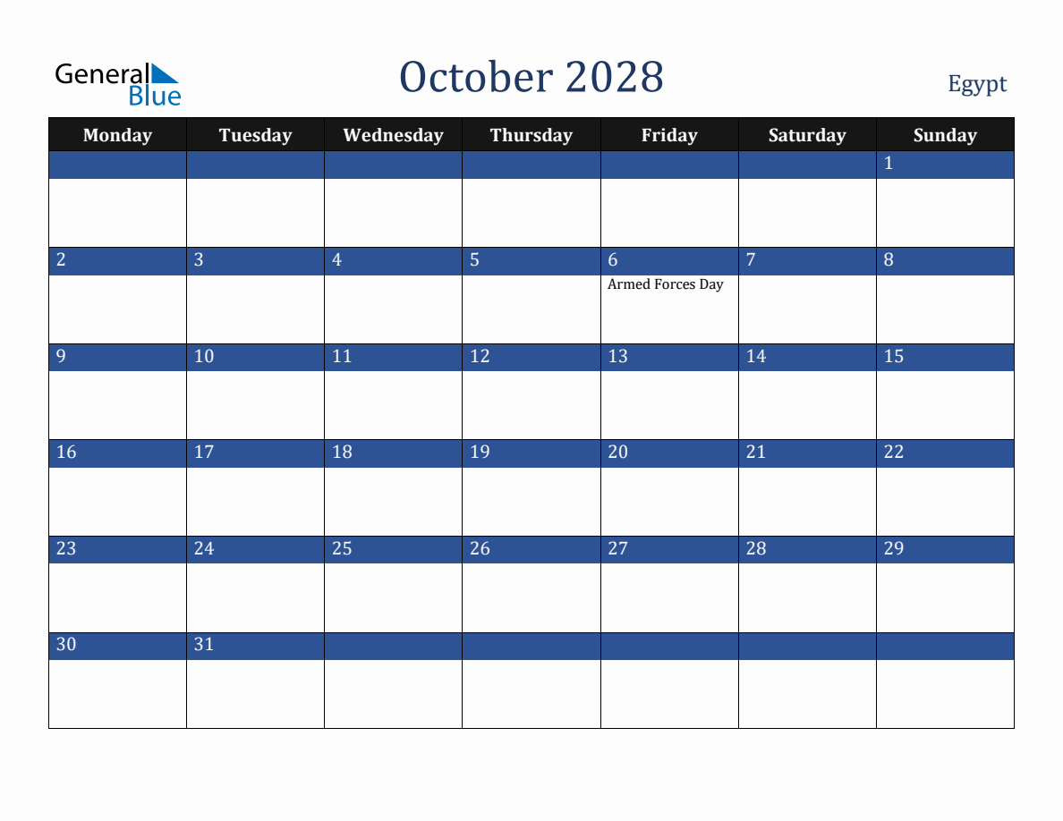 October 2028 Egypt Holiday Calendar (Monday Start)