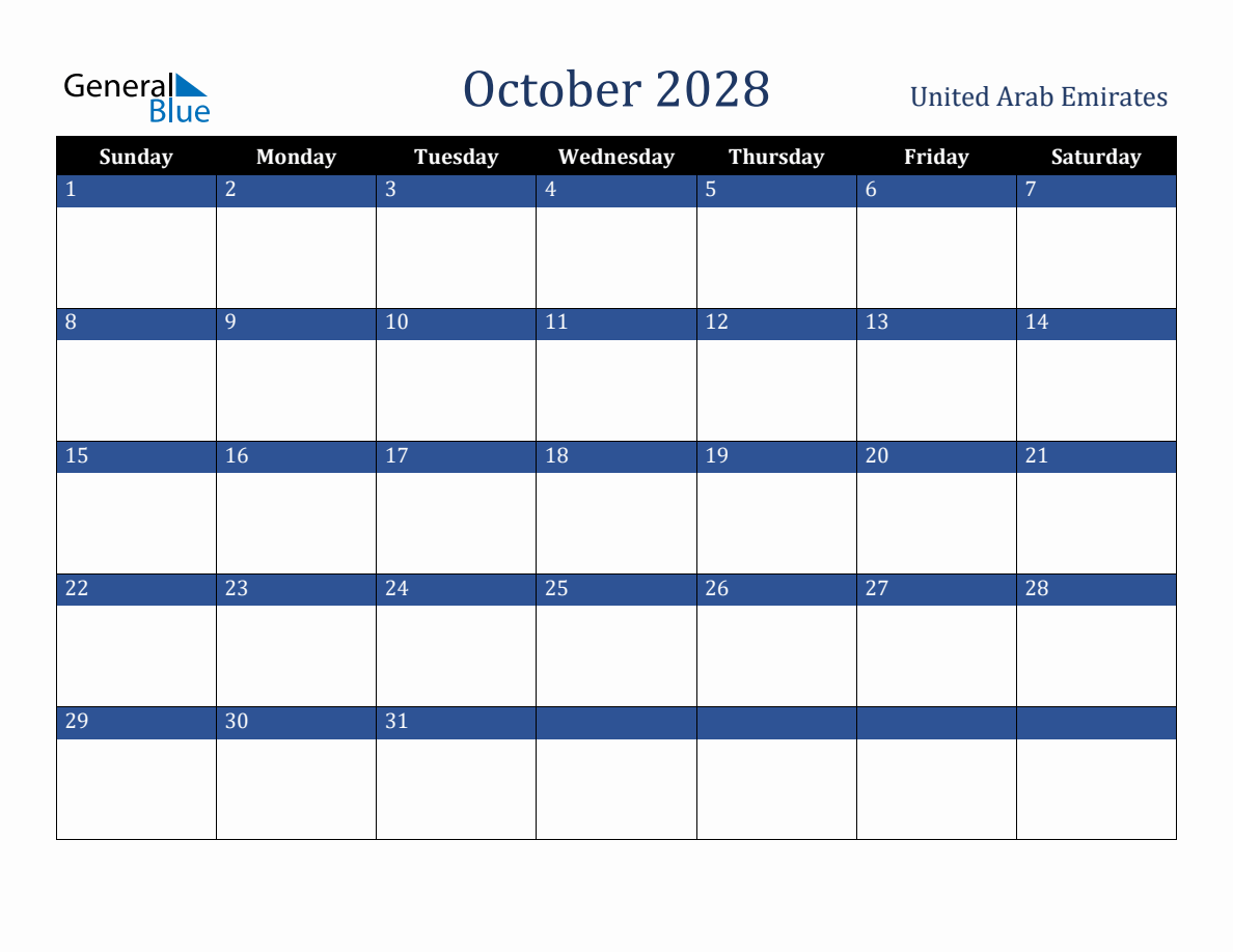 October 2028 United Arab Emirates Holiday Calendar