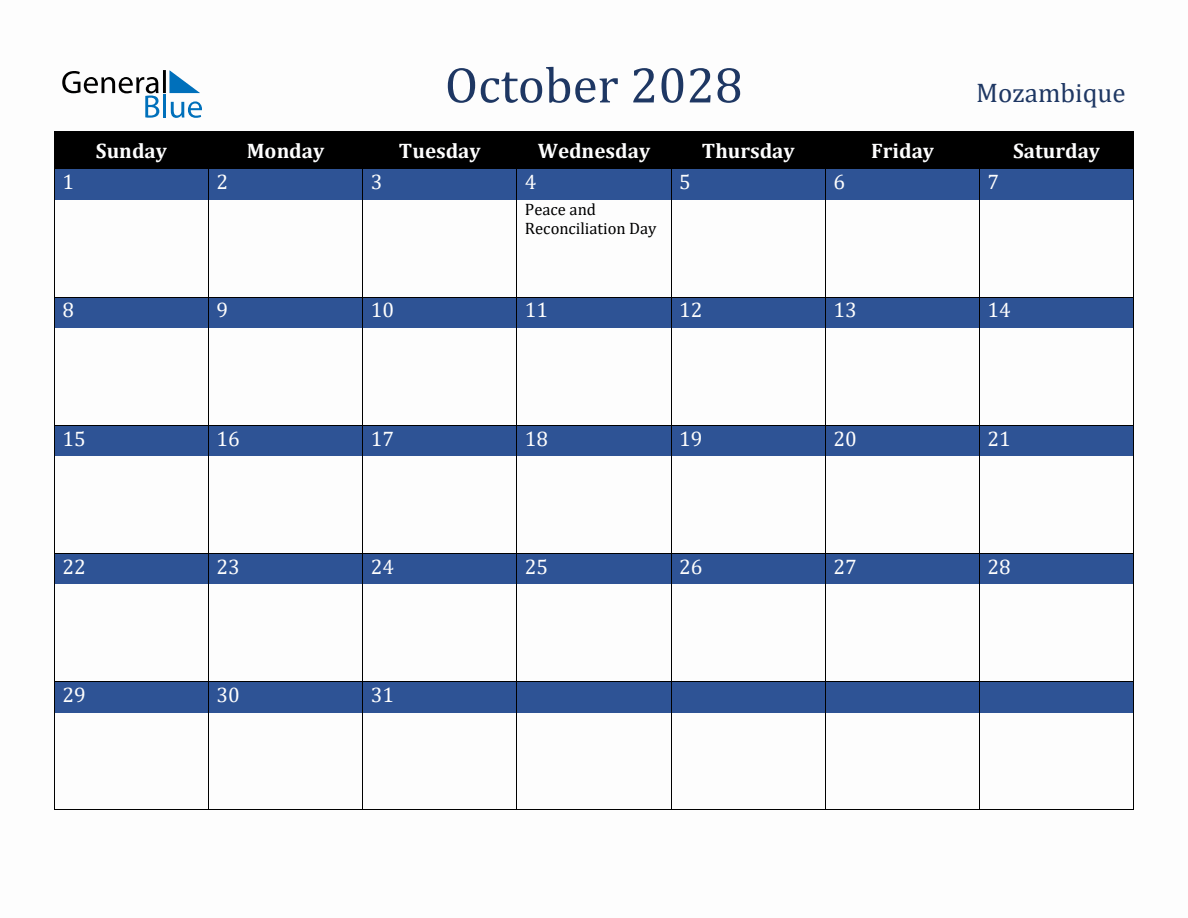 October 2028 Mozambique Holiday Calendar