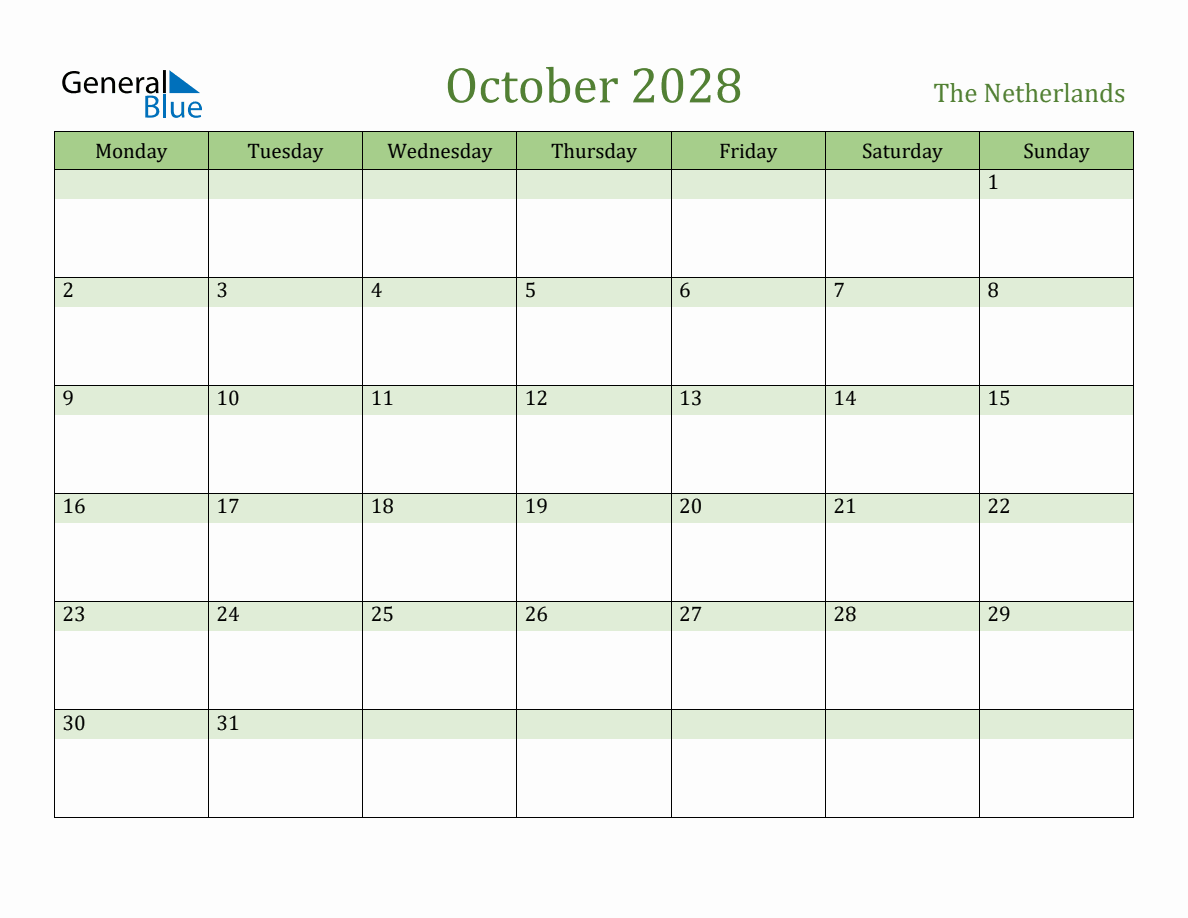 Fillable Holiday Calendar for The Netherlands - October 2028