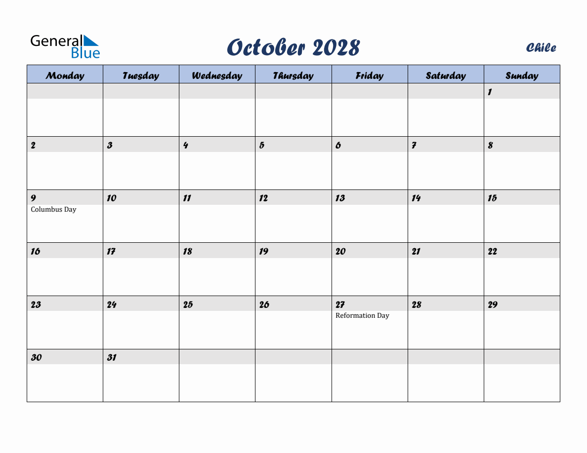 October 2028 Monthly Calendar Template with Holidays for Chile