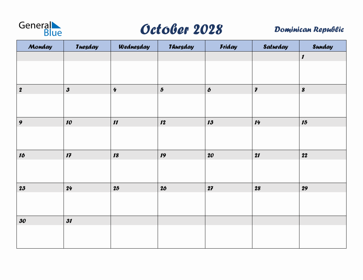 October 2028 Monthly Calendar Template with Holidays for Dominican ...
