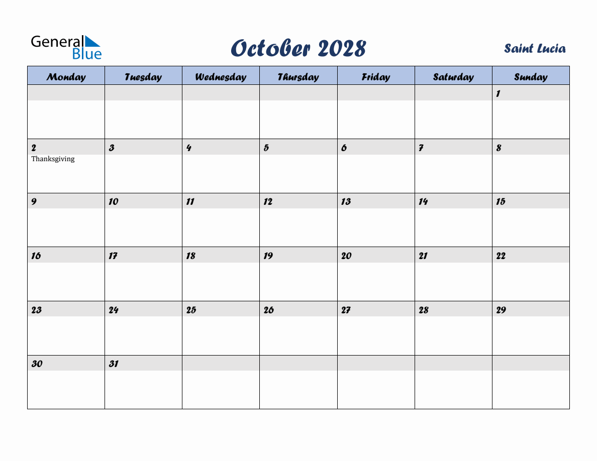 October 2028 Monthly Calendar Template with Holidays for Saint Lucia ...