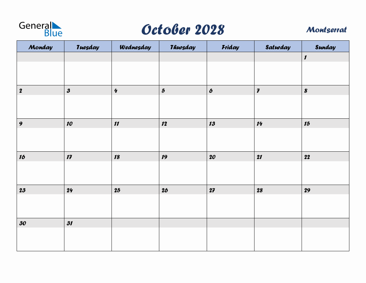 October 2028 Monthly Calendar Template with Holidays for Montserrat ...