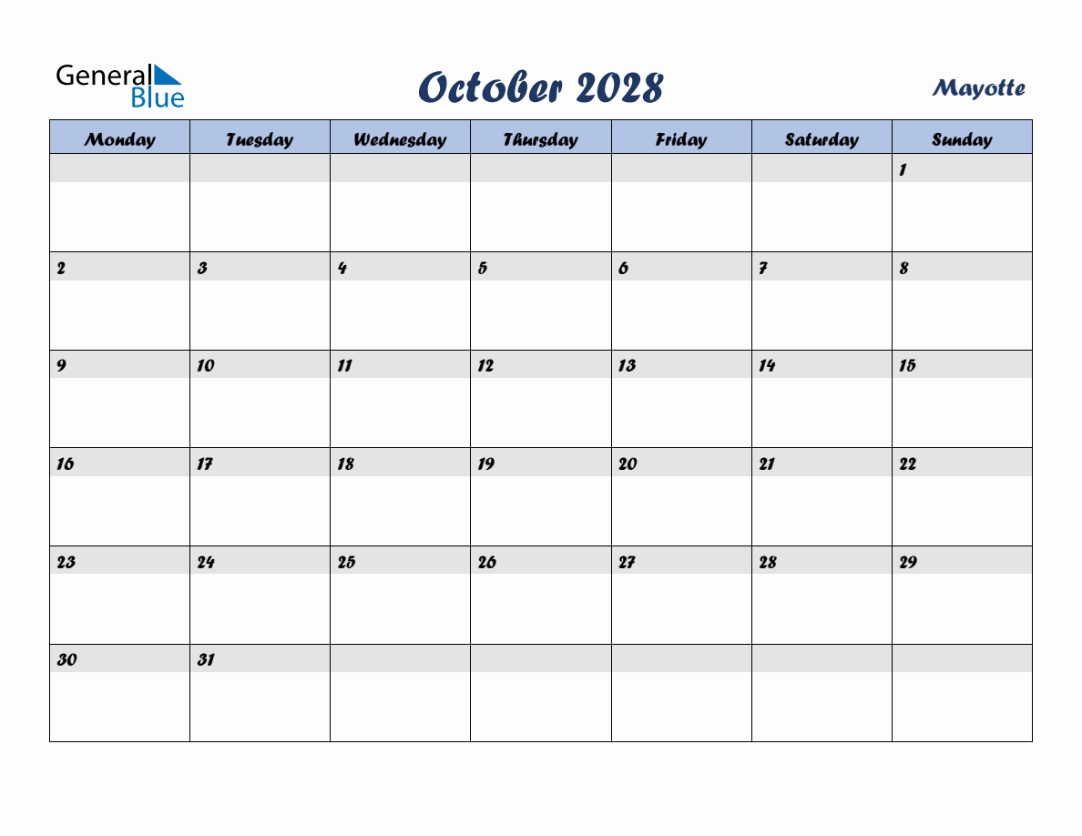 October 2028 Monthly Calendar Template with Holidays for Mayotte