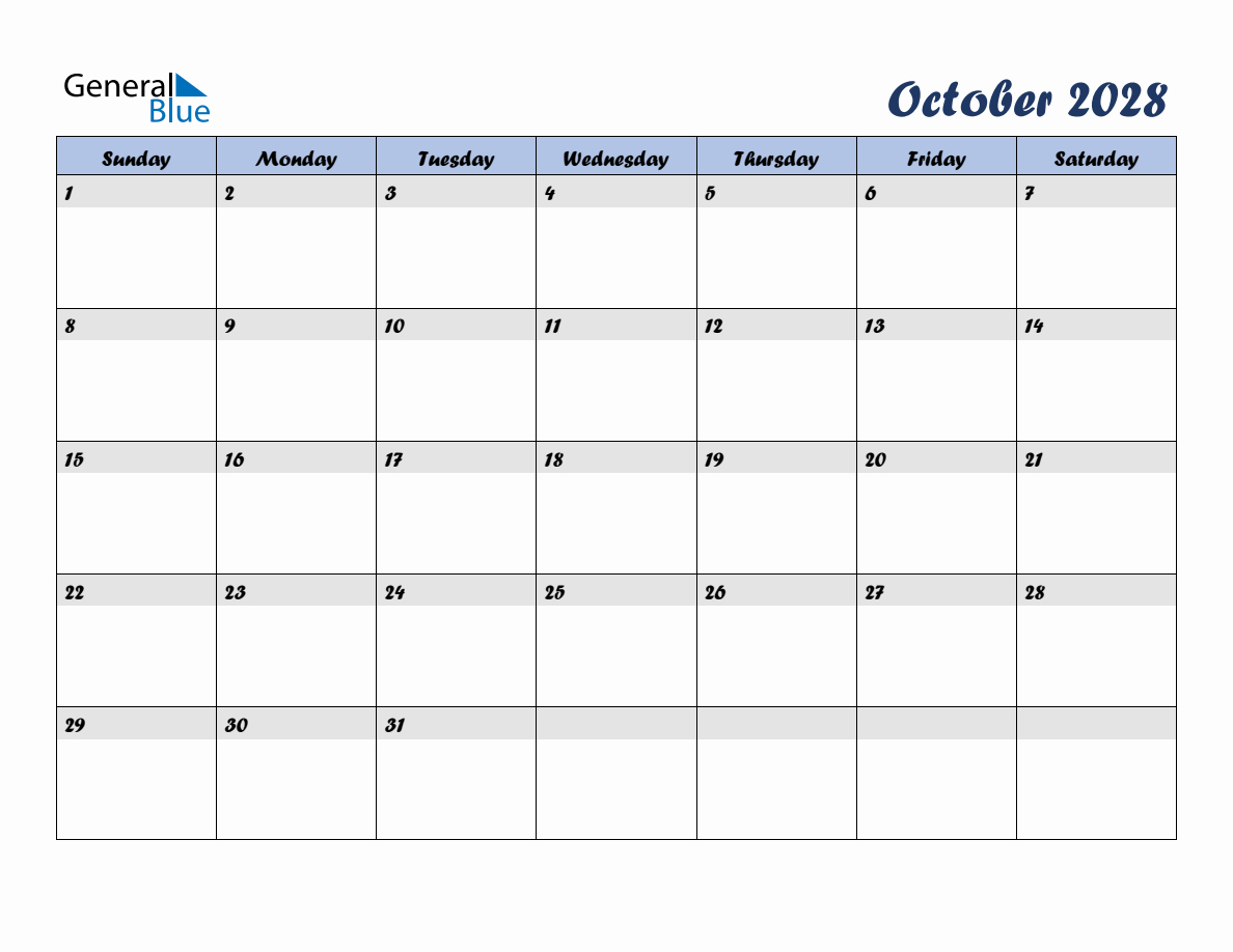 Free October 2028 Monthly Editable Calendar